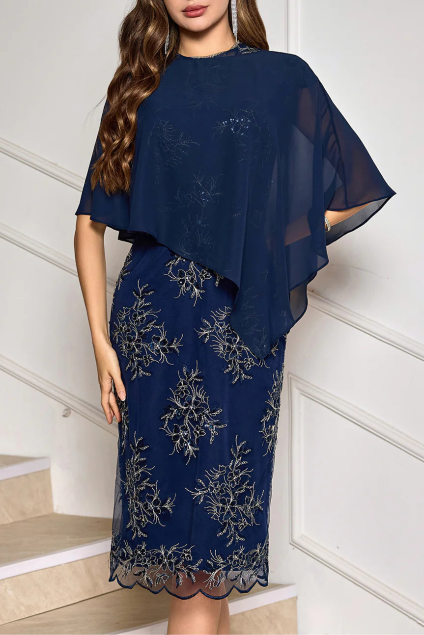 Navy Applique Sheath Half High Neck Tea Length Mother of the Bride Dre ...